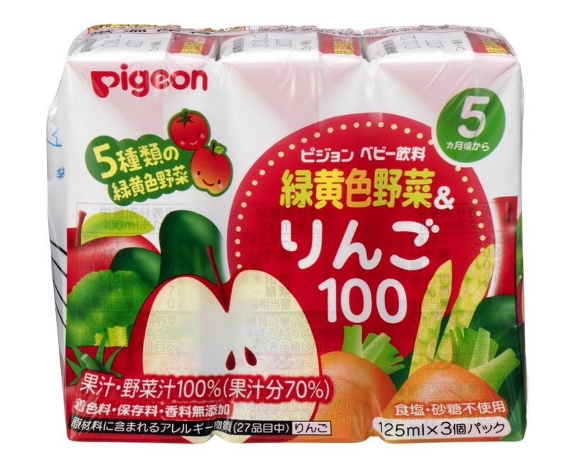 商品説明5種類の緑黄色野菜を使用トマトにんじんアスパラガスほうれん草ブロッコリーりんご果汁とブレンドして、赤ちゃんに飲みやすい飲料にしました。果汁+野菜汁100％(果汁70％)食塩砂糖は使用していません。着色料保存料香料無添加成分表示りんご...