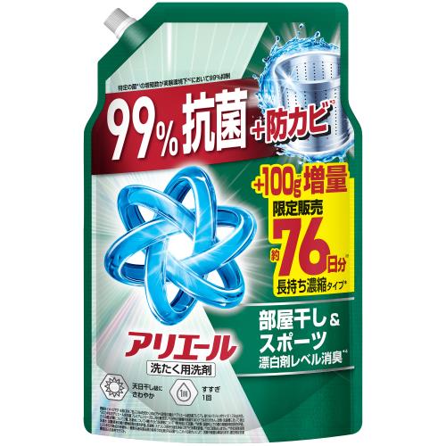 商品説明100g増量品！　洗濯槽　　洗濯水　　衣類　まるごと抗菌　特定の菌*1　の増殖数が実験環境下*2　において　99%抑制*1　99％の菌種を抗菌するわけではありません。衣類・洗濯槽において検出される菌(衣類について2種、洗濯水について...