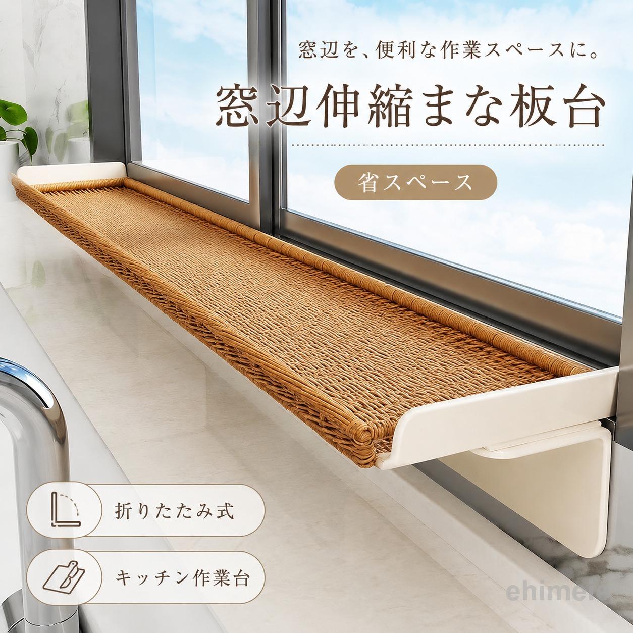 窓辺用折りたたみ式作業台 〜狭いキッチンを最大活用！調理スペースを瞬時に拡張〜 窓辺のデッドスペースを有効活用！折りたたみ式の伸縮作業台で、キッチンの調理スペースを瞬時に拡張できます。まな板台としてはもちろん、料理の一時置きにも最適で、使わ...