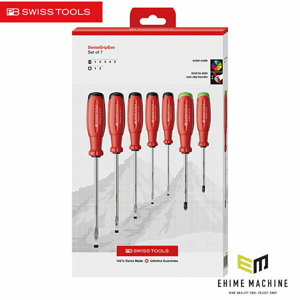 “狙ったトルクが、手に吸い付く。” PB SWISS TOOLSの新世代グリップ「SwissGrip EVO」を搭載した、ポジドライブ（PZ）＋マイナスの実用7本組セット（外箱付）です。 3Kコンポジット素材×円形に最適化された新ハンドルに...