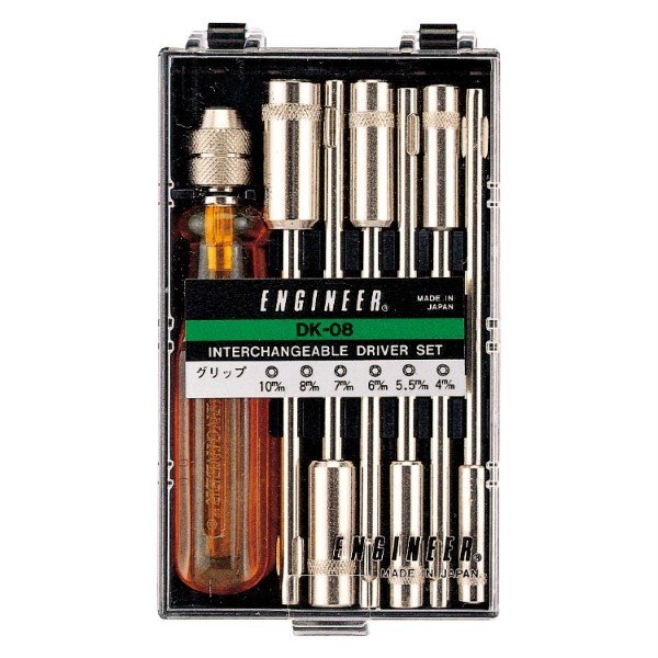 差替ナットドライバーをプラケースにセット、携帯に便利です。 用途：修理・メンテナンス作業に。 ■セット点数(点)：7 ■セット内容(mm)：グリップ、対辺4、対辺5.5、対辺6、対辺7、対辺8、対辺10 ■各全長(mm)：115、125、1...