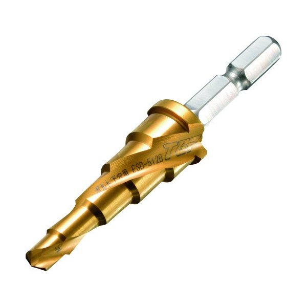 特長：業界初のボルトの下穴専用のステップドリルです。5サイズがひとつになっており、面倒なドリルの取り換え無しで下穴あけができます。食いつきが良く軽い切れ味のスパイラル刃タイプです。チタンコーティングが施されており、ステンレスの穴あけが多い場...