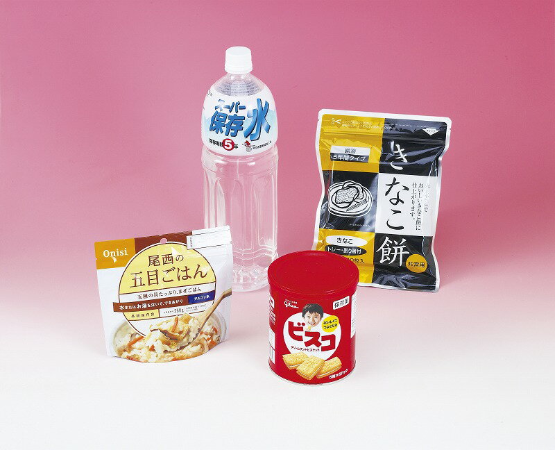 説　明 ＜保存食5年サポートセット＞[1]スーパー保存水(1.5ℓ）[2]アルファ米（五目ごはん100g）[3]ビスコ保存缶[4]きなこ餅 スペック 箱入／約320×238×115mm 備　考 　 ※賞味期限は製造からの期間です。