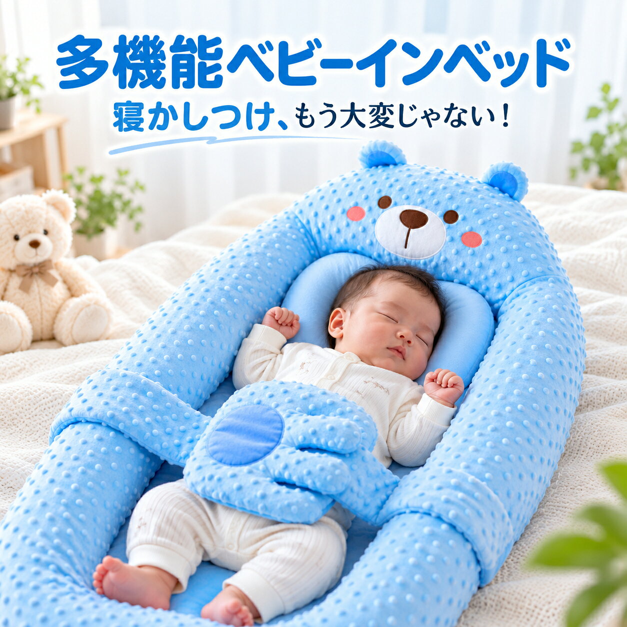 商品情報商品仕様商品名：自動トントン付きベビーインベッド本体サイズ：約100 × 56cmカラー：ブルー表地：豆つぶボア + 3Dメッシュ＋ポリエステル裏地：クールスエード調生地内側：化繊生地本体中綿：PP綿マット中綿：PP綿手のひらパッド...