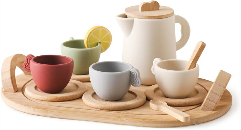 【安心・安全】お子さまの健康と安全のために、アフタヌーンティーセットには天然木と柔らかいシリコンを使用しています。絶妙な仕上がり、角が丸くて、ケガをする心配がなく小さな子供も安心に遊べます。 【豪華なおままごとセット】たくさん含めている食器...