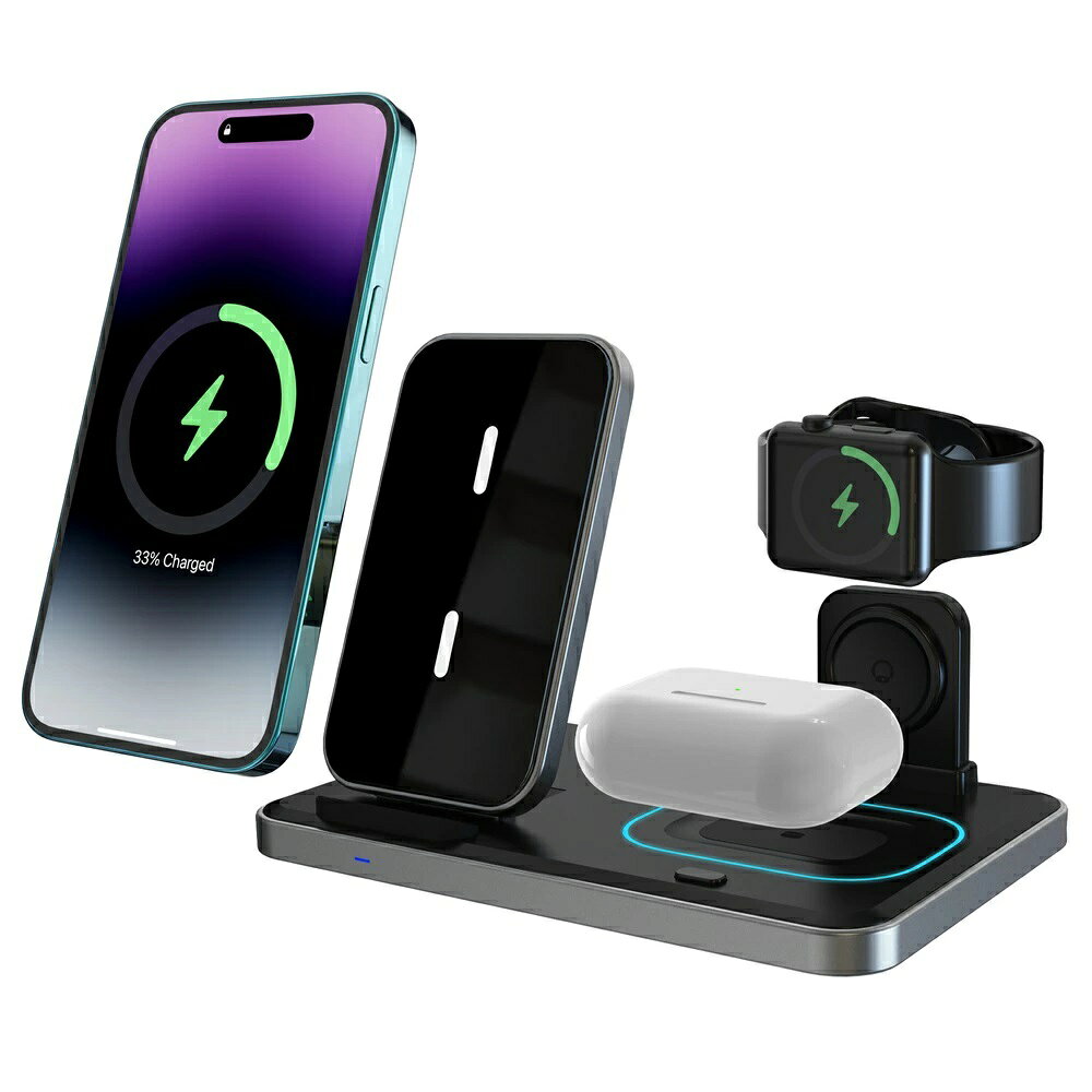 【3in1マグネット式ワイヤレス充電器】 iPhone、AirPods、Apple Watchを同時にワイヤレス充電可能。 iPhone 16/15/14/13/12シリーズ、AirPods Pro（第4/3/2世代）、Apple Watc...