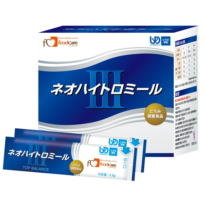 ネオハイトロミール3 2.5g分包 　1包2.5gあたり エネルギー(kcal) 6.7 カリウム(mg) 24 水分(g) 0.2 カルシウム(mg) 11 たんぱく質(g) 0.02 リン(mg) 3.5 脂質(g) 0 鉄(mg) 0...