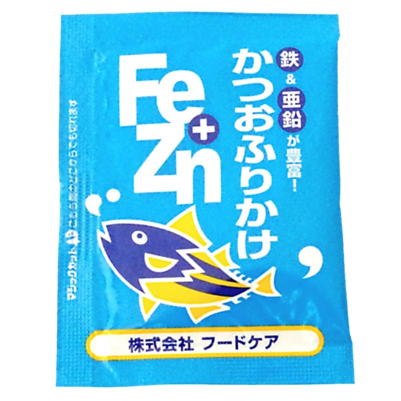 Fe+Znふりかけ かつお(小袋) 1個3gあたり エネルギー(kcal) 12.1 カリウム(mg) 9 水分(g) 0.1 リン(mg) 12 たんぱく質(g) 0.6 鉄(mg) 1.3 脂質(g) 0.4 亜鉛(mg) 2.3 炭水...
