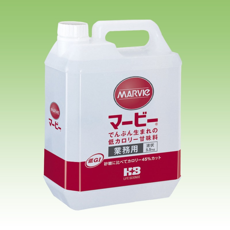 マービー液状業務用 100gあたり エネルギー(kcal) 165 ナトリウム(mg) 0 たんぱく質(g) 0 カリウム(mg) 0 脂質(g) 0 リン(mg) 0 炭水化物(g) 75 糖類(g) 0くせのない甘さの低カロリー甘味料。...