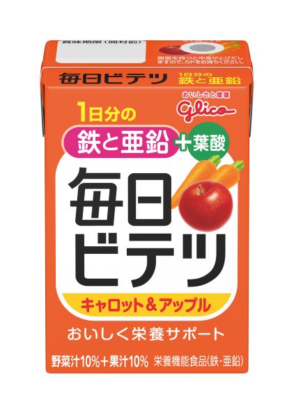 毎日ビテツ 　キャロット＆アップル 1本100mlあたり エネルギー(kcal) 45 カリウム(mg) 42 水分(g) 90 カルシウム(mg) 200 たんぱく質(g) 0 マグネシウム(mg) 4 脂質(g) 0 リン(mg) 15...