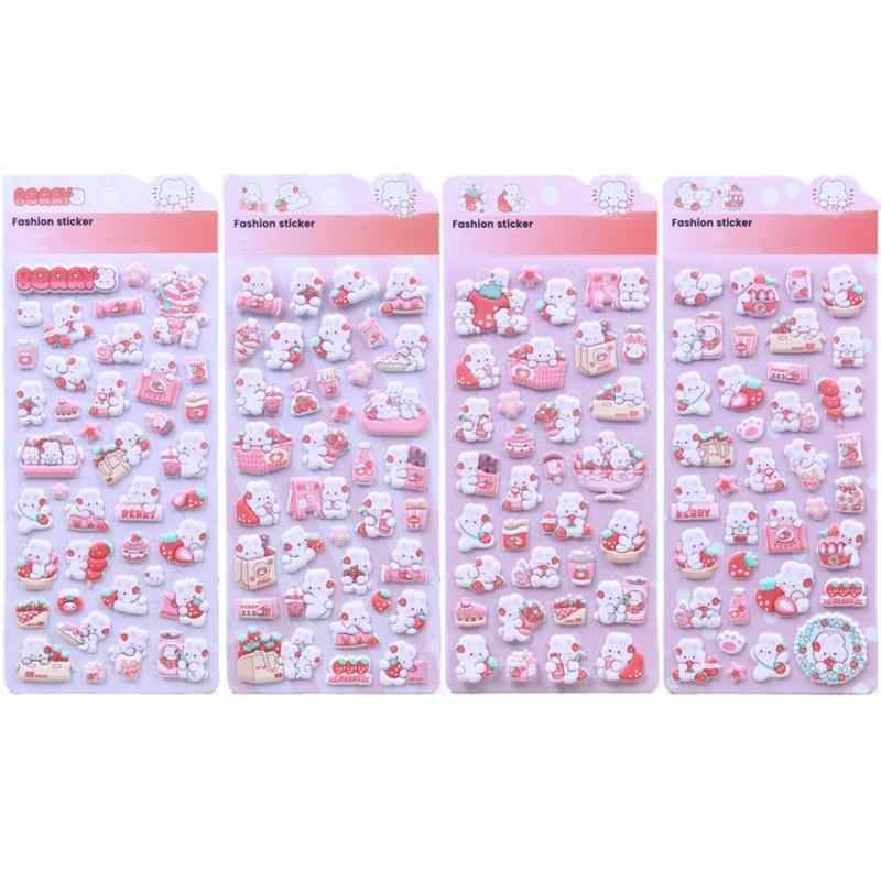 シール 可愛い 4枚セット うさぎシール 立体 DIY用 手帳用 日記帳用 ごほうび デコシ ール キラキラ 携帯電話飾り用 DIY用 手帳用【シールセット】ピンクいちごうさぎシール*4枚、シール1枚のサイズは約23*9cm、かわいいうさぎ...