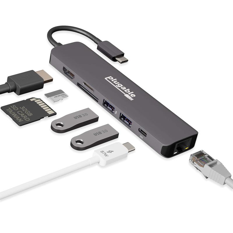 Plugable USB-C ハブ 7-in-1 USB-C 対応マルチアダプター イーサネット付（4K HDMI、USB 3.0 ポートx2、SD/microSD カードリーダー、92W 充電）7 ポートの拡張性 - 1 つの USB-C...