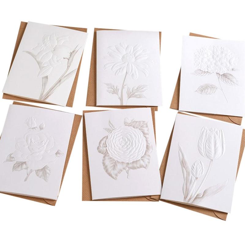 moin moin メッセージ カード グリーディング 上品 シンプル エレガント 大きめ 12×17cm 6種セット (封筒+ 中紙 付) お礼 お祝い 総柄 花柄 フラワー 花 エンボス シック ぷっくり ホワイト クラフサイズ：【メッ...