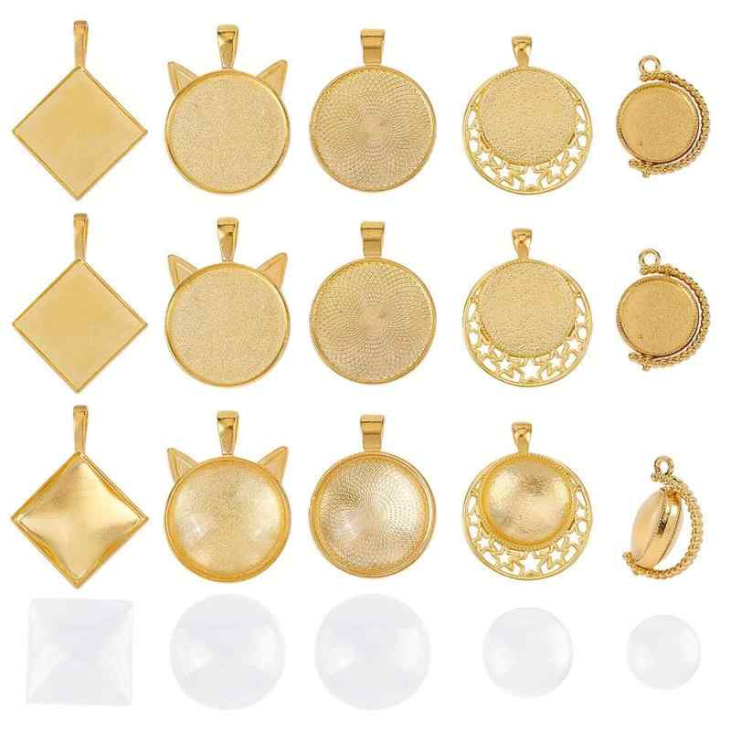 [PH PandaHall] ミール皿 レジンフレーム 30個 5種 空枠パーツ ミール皿 金古美 チャーム ペンダント 台座付き 透明カボション30個付き ジュエリークラフト作り選べる5種類: 星のあるフラットラウンド、ひし形、回転可能な...