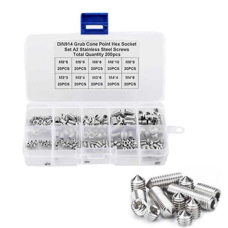 イモネジセット 六角ネジセット 200pcs 六角穴付止めネジ セット イモネジ304 ステンレス鋼いもねじ 接続用 修理ツール M3/M4/M5/M6/M8 10種類、各20本 透明収納ケース付き【製品の特徴】内側六角 グラブねじ ネジ山...