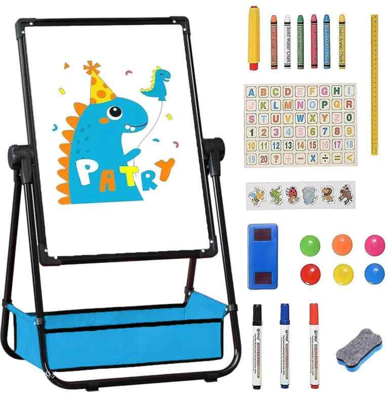 お絵かきボード 子供用 黒板 ホワイトボード イーゼル 鉄製 折りたたみ式収納 収納袋付き高さ調節可能63-107cm 両面使用 落書き 黒板/ホワイトボードサイズ43*63cm 360度回転 子供の贈り物 大人