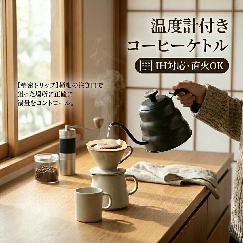 商品ポイント仕様：アイテムタイプ: コーヒーケトルに注ぐ材質: ステンレス鋼アプリケーション: ガスストーブ、電磁調理器、電気セラミックストーブパッケージリスト:1 x プアオーバーコーヒーケトル1×温度計付き蓋ご注意：手動測定による1~2...
