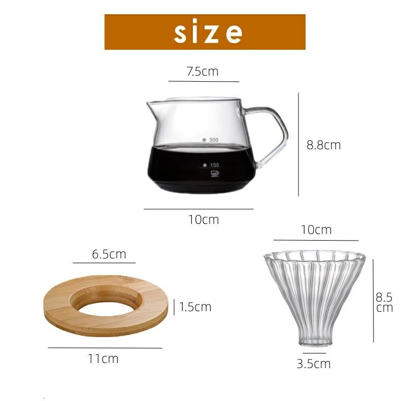 容量 300ml 材質 耐熱ガラス、天然木 特性 コーヒードリッパーとサーバーのセットです。 コーヒー粉の層を深くして蒸らし効果を高め、注がれたお湯が一点に向かって流れる耐熱ガラス製円錐形ドリッパー。ペーパーを浮かせるスパイラルリブを採用し...
