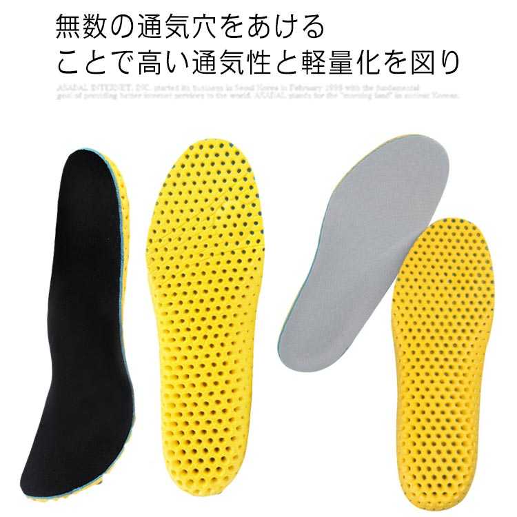 足裏にフィットしてつま先、かかと、足首、ひざへの衝撃を吸収し疲労の軽減！ランニング、ウォーキング、登山、スポーツ、立ち仕事、ビジネスシーン等の外歩きの多い方、底の薄い靴をご利用の方などにお勧めです。 表面カラーがブラックなのでスポーツシュー...