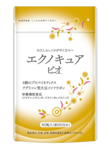 アグリコン型大豆イソフラボン 4種のプロバイオティクス 栄養機能食品（ビオチン、ビタミンB1、ビタミンB6、ビタミンD） エクノキュア ビオ　60粒(約30日分)