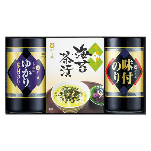やま磯味のり卓上バラエティセット 有機丸大豆醤油使用のたれで調味したコクと旨味のある味付のりと三島食品「ゆかり(R)」をブレンドしたたれで調味したしそ風味のり、風味の良い焼海苔とあられ・抹茶等をブレンドしたさっぱりとした後味の海苔茶漬をセッ...