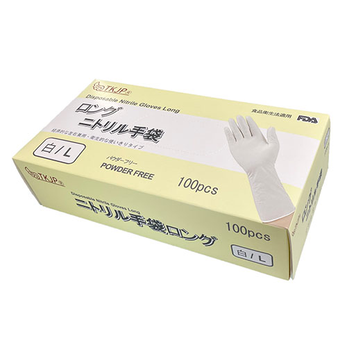 食品衛生法適合 ニトリル手袋 ロング 白 「破れにくい」「コスパが最高」と絶賛のご意見を多数いただいている『TKJP』ブランドのニトリル手袋、最新バージョンです! 最先進の生産ラインで製造されたニトリル手袋は　丈夫で、フィット感抜群、使いや...