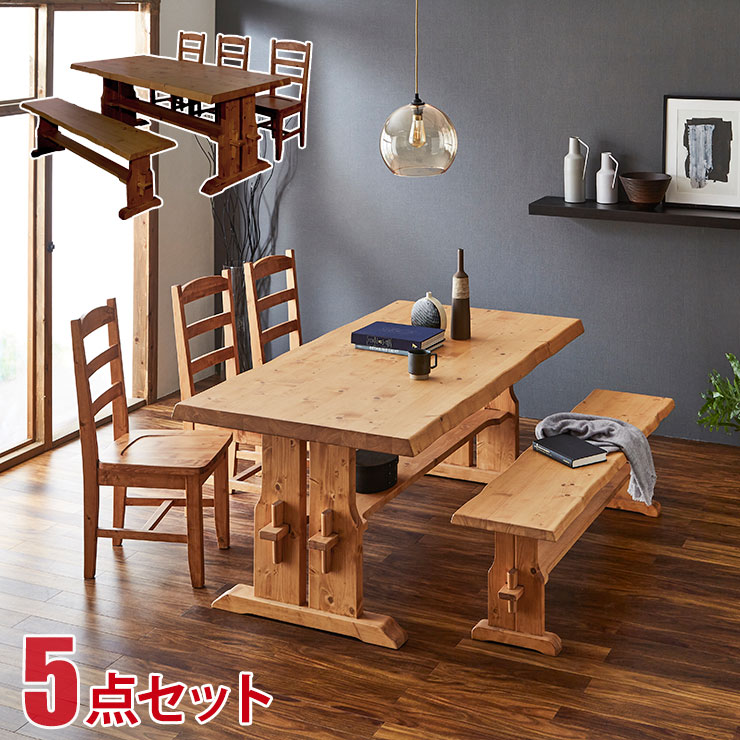 ■商品番号：92-000043【この商品のスペック】■寸法〇テーブル：幅180×奥行90×高さ70cm〇チェア：幅43×奥行51×高さ92cm※座面高：43cm〇ベンチ：幅155×奥行35×高さ43cm■素材パイン材無垢、水性塗装■特徴パイ...