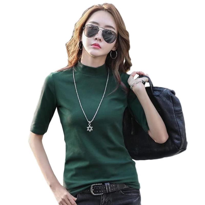 Kushim タートルネック 半袖 ハイネックtシャツ レディース 綿 薄手 着やせ tシャツ 丸首 無地 ゆったり カットソー 通勤