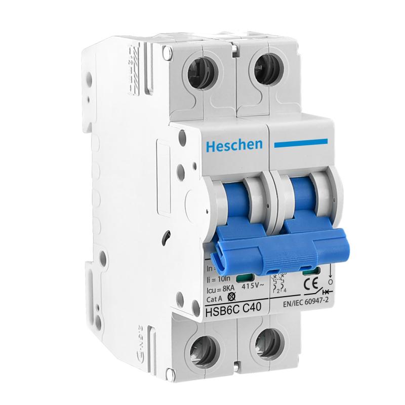 Heschen ミニチュアサーキットブレーカー HSB6C 電流40Amp 2極 タイプC 6kA 破断能力 DINレール取り付け定格電流:40A定格電圧:400V破断能力:6KA。ポールナンバー:2PタイプC