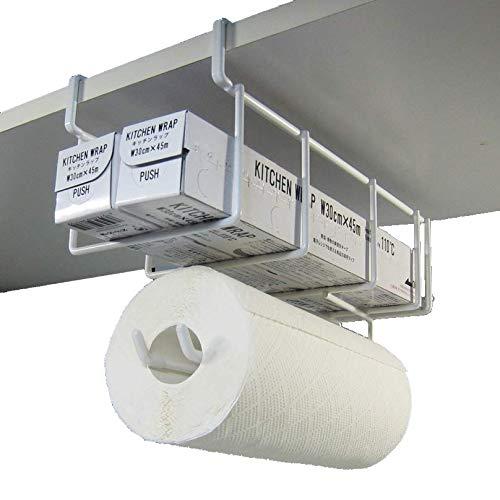 ラップホルダー＆キッチンペーパーホルダー(片手でカット) 穴あけ不要 ネジ止め不要 日本製吊り戸棚の棚板に差し込んで使える、ホワイトカラーの吊り下げラックシリーズですロールペーパーは片手でカットしやすいバネ式の独自形状です棚板の厚み 3 c...