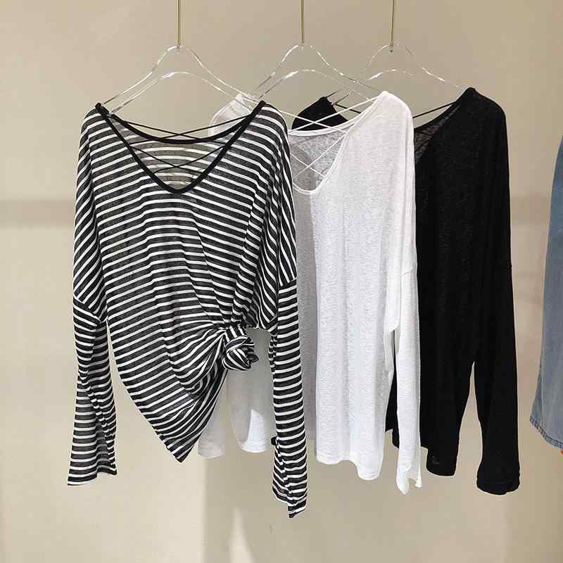 ・カテゴリ: Tシャツ・スタイル: 御姐風・袖丈: 長袖・版型: ワイドシルエット・衣長: 普通・ネックライン: クルーネック・カラー展開: ホワイト、ブラック、ストライプ・サイズ展開: ワンサイズ