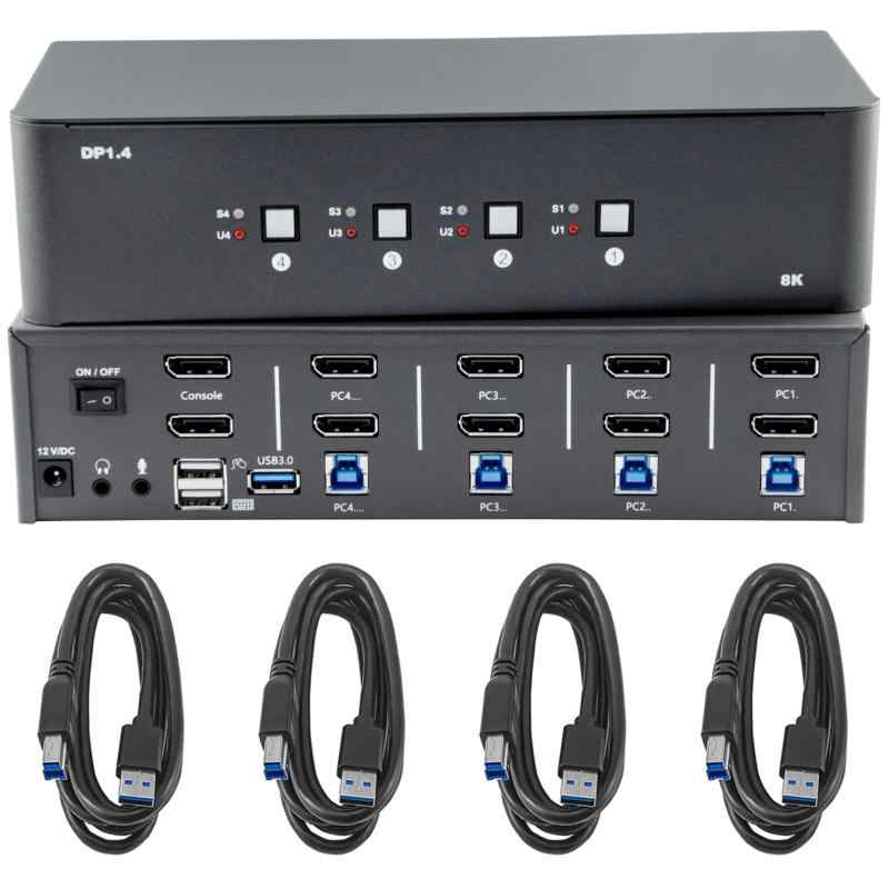 Bytecc KVMスイッチ 2/3/4モニター 4台のコンピューター 4入力 2/3/4出力 8k DisplayPortスイッチ USB 3.0ジャック付き キーボードとマウスのセットを4台のコンピューターで共有 Windows/Mac...