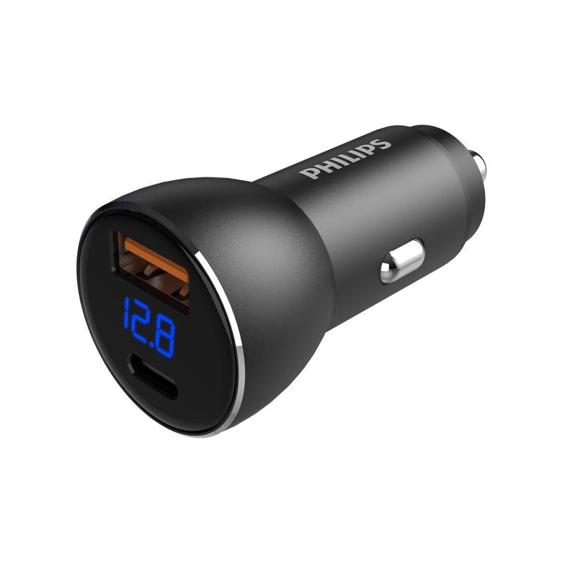 Philips (フィリップス) 2ポート カーチャージャー PD30W&amp;QC30W急速充電 電圧測定 車載用充電器 USB-A＆USB-Cポート シガーソケット 超コンパクト設計 12V/24V車両対応 DLP3526NPD&am...