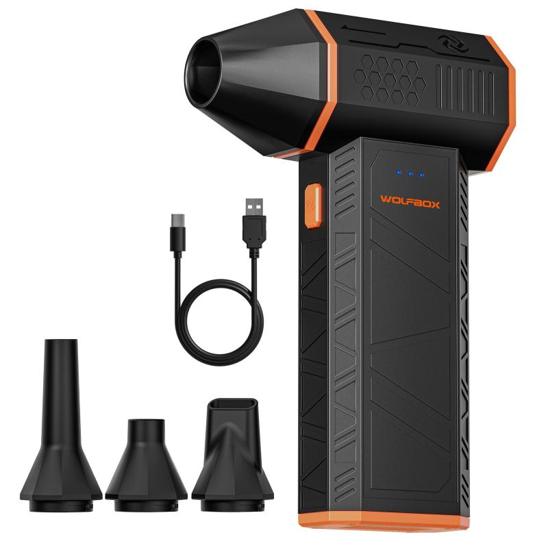 WOLFBOX エアダスター 電動 洗車 最大風速75m/s以上 11万回転【2026最新・水おろしに最適】5000mAh大容量 240分連続稼働 4種ノズル付き 3段階調整 USB充電式 一台多役 PC掃除/キャンプ/空気入れ 2間保【1...