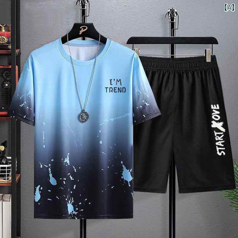 ・カテゴリ: 男式休闲套装・スタイル: 運動・厚み: 薄款・パンツ丈: 短裤・トップススタイル: Tシャツ・袖丈: 短袖・フード: なし・主な素材: 化纤类混纺・主素材成分: 聚酯纤维（涤纶）95%
