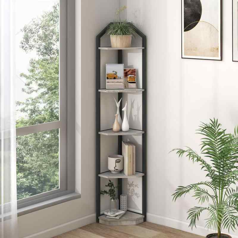 Fun Memories 5 Tier Corner Shelf, 175 cm Tall Corner Shelf Stand, Corner Bookshelf Plant Stand