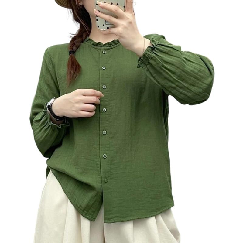 [Hanmall] ガーゼシャツ 綿100％ シャツ レディース 長袖 フリル 立ち襟 スタンドカラー 可愛い 羽織り カジュアル ゆったり 2重ガーゼ 無地 柔軟 通勤 日常 通気性 春 秋 JET006洗いをかけたナチュラルな風合いが心...