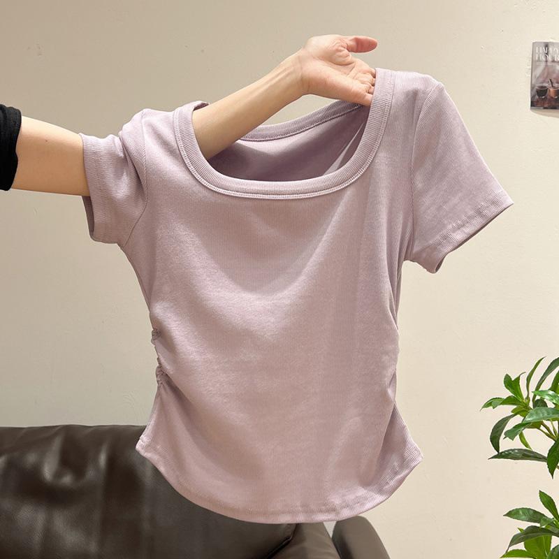 Tシャツ レディース 半袖 スクエアネック ギャザー入り トップス パープル デザイン性 こなれ感 エレガント きれいめ カジュアル 普段使い オールシーズン・カテゴリ: Tシャツ・素材: 綿90-95%、スパンデックス30%以下・柄: 無...