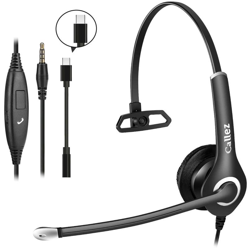 Callezヘッドセット3.5mm 片耳 マイク付き ノイズキャンセリング 携帯電話用ヘッドフォン PC用ヘッドセット 3.5mm有線ヘッドホン USB-C接続『手元コントロール』この3.5mm Type-C有線ヘッドホンは、通話の応答/終...