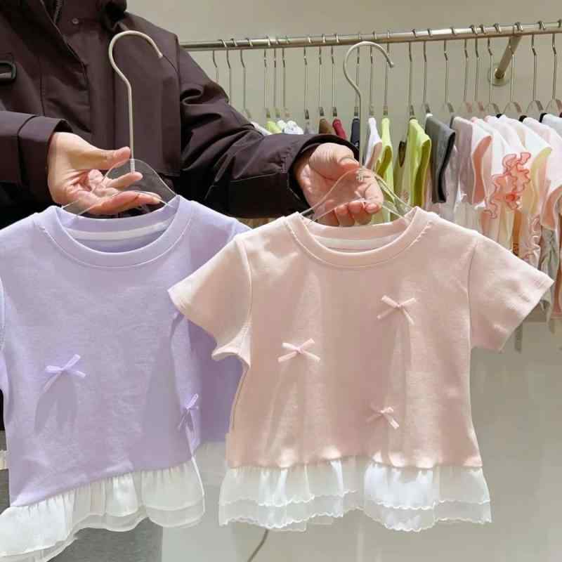 ・カテゴリ: キッズTシャツ・対象性別: 女の子・スタイル: 韓国風・フード: なし・袖丈: 半袖・対象年齢: 中小童（3〜8歳、100〜140cm）・生地加工: 柔軟処理・柄: 無地・デザイン要素: スポーツ、可愛い、蝶結び、バイカラー、...