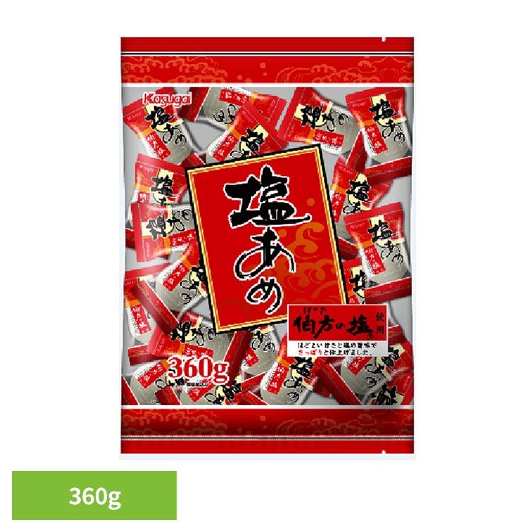 伯方の塩を使用した、ほどよい甘さと塩の旨味でさっぱりと仕上げた飴。 夏場の塩分補給にも！一粒あたりの食塩相当量：94mg ●商品サイズ（cm） 幅約19×奥行約2.9×高さ約27 ●内容量 360g ●原材料水あめ（国内製造）、砂糖、食塩（...