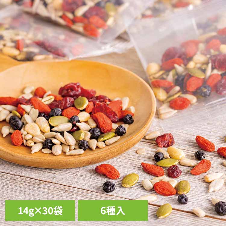 健康美人をめざすナッツ＆フルーツ。毎日食べ続けたいから美味しさ重視、薬膳料理でも定番の松の実やクコの実をはじめ、美容や健康を意識される方に人気の種子やドライフルーツ6種を美味しい組合せでミックス。便利な食べきりサイズの個包装パック。※沖縄・...