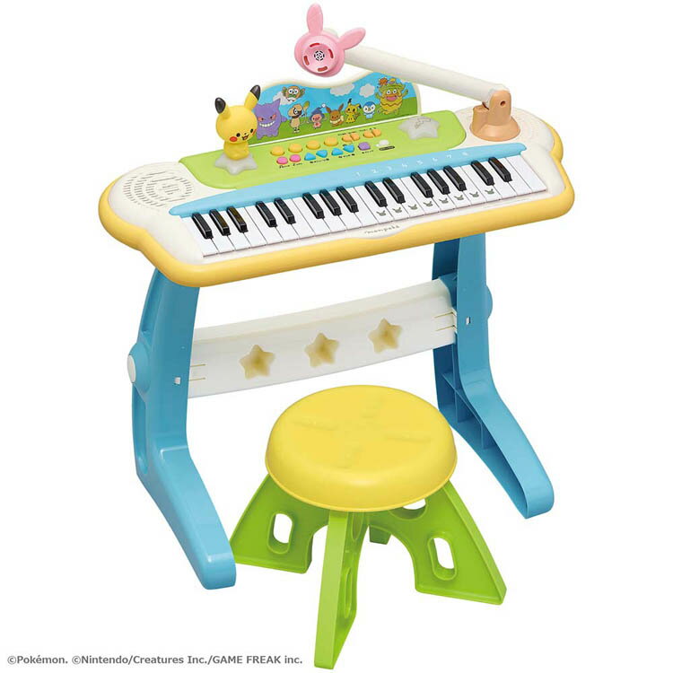 大人気モンポケシリーズよりモンポケキーボードが新発売♪4和音機能搭載の本格派！ピカチュウの声と7種類の楽器音やリズムパターン！インジケーターが点滅！8曲メロディ内蔵です♪A4＝約440Hzで正しい音階で弾くことができます！人気のマイクとスタ...