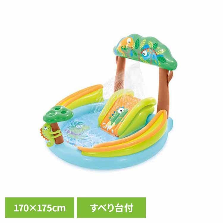 すべり台付きのシャワープールです。ボール・イグアナ人形も付属しておりいろいろな遊びが楽しめます。●商品サイズ（cm）幅約170×奥行約175×高さ約132●商品重量約5kg●対象年齢2歳以上（検索用：INTEX プール 大型 家庭用 シャワ...