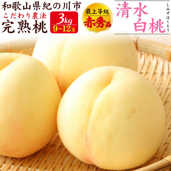 和歌山県紀の川市 こだわり農法　完熟桃 最上等級 赤秀品「清水白桃」3kg（9〜12玉入り) 桃の出荷量西日本1位の和歌山県がお届けする桃の「清水白桃」です。 外観が美しく、全体的に乳白色で、果実の頂部にやや赤みが差しています。 特に香りが...