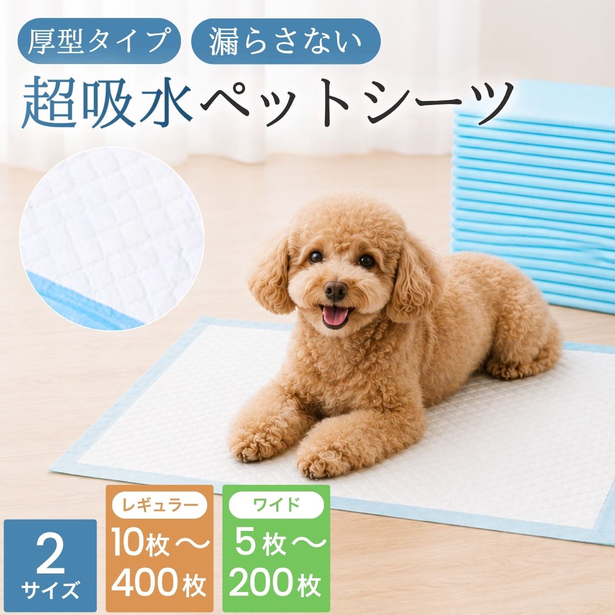 商品情報カラーホワイト/ブルー（バックシート）サイズレギュラー（33cm×45cm）/ワイド（45cm×60cm）素材吸水ポリマー注意事項※モニターの発色により、実物と異なって見える場合がございます。関連キーワードペットシーツ 厚型 ワイド...