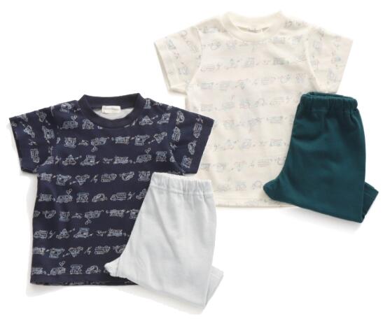 ●素材 　ふわ糸天竺　綿100% 　襟ぐり　綿95%　ポリウレタン5% ●中国製 ●カラー　ワゴンカー柄 　NB・・ボトムグレー 　OW・・ボトム濃いグリーン