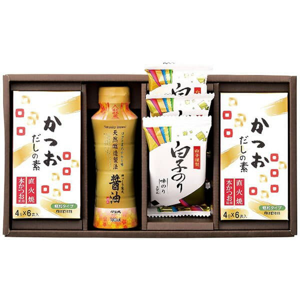 ●天然醸造しょうゆ(濃口)200ml×1本・白子のり味のり(8切5枚)3袋・マルトモかつおだしの素(4g×6袋)2箱・賞味期間/製造日より常温約540日・［日本製］・【乳成分・小麦・えび・大豆】・33.5×18.5×6.5cm・60サイズ・...