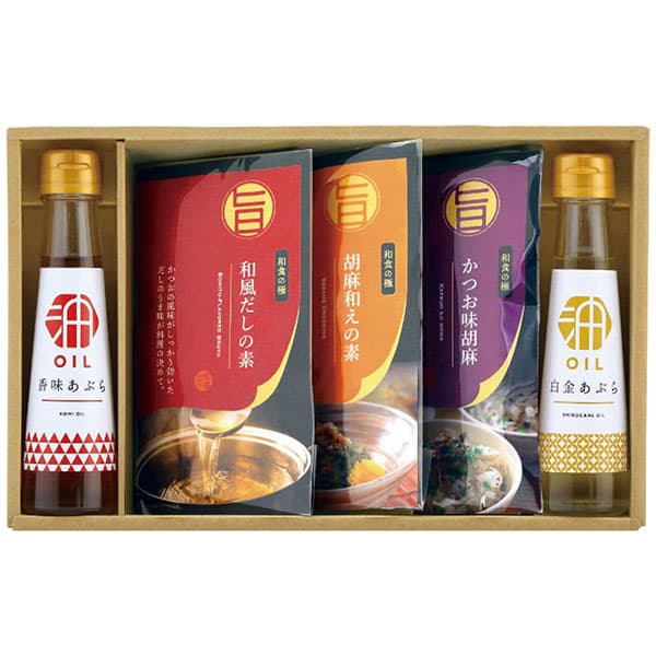 ●香味あぶら90g・白金あぶら90g各1本・和風だしの素(4g×3袋)・胡麻和えの素(5g×2袋)・かつお味胡麻(4g×2袋)各1個・賞味期間/製造日より常温約300日・［日本製］・【乳成分・小麦・ごま・大豆】・32×21×5.2cm・60...