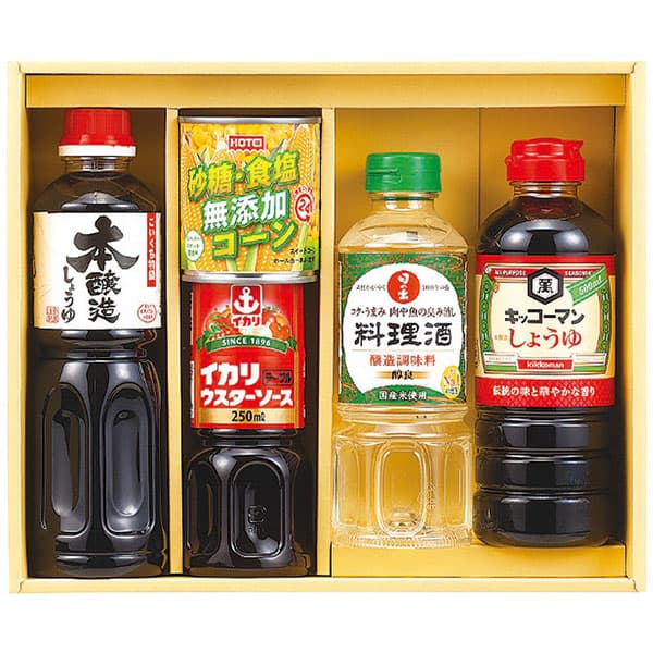 ●キッコーマンこいくちしょうゆ500ml・サンビシ本醸造しょうゆ500ml・日の出料理酒400ml・イカリテーブルウスターソース250ml各1本・ホテイ砂糖・食塩無添加コーン180g×1缶・賞味期間/製造日より常温約360日・［日本製］・コ...
